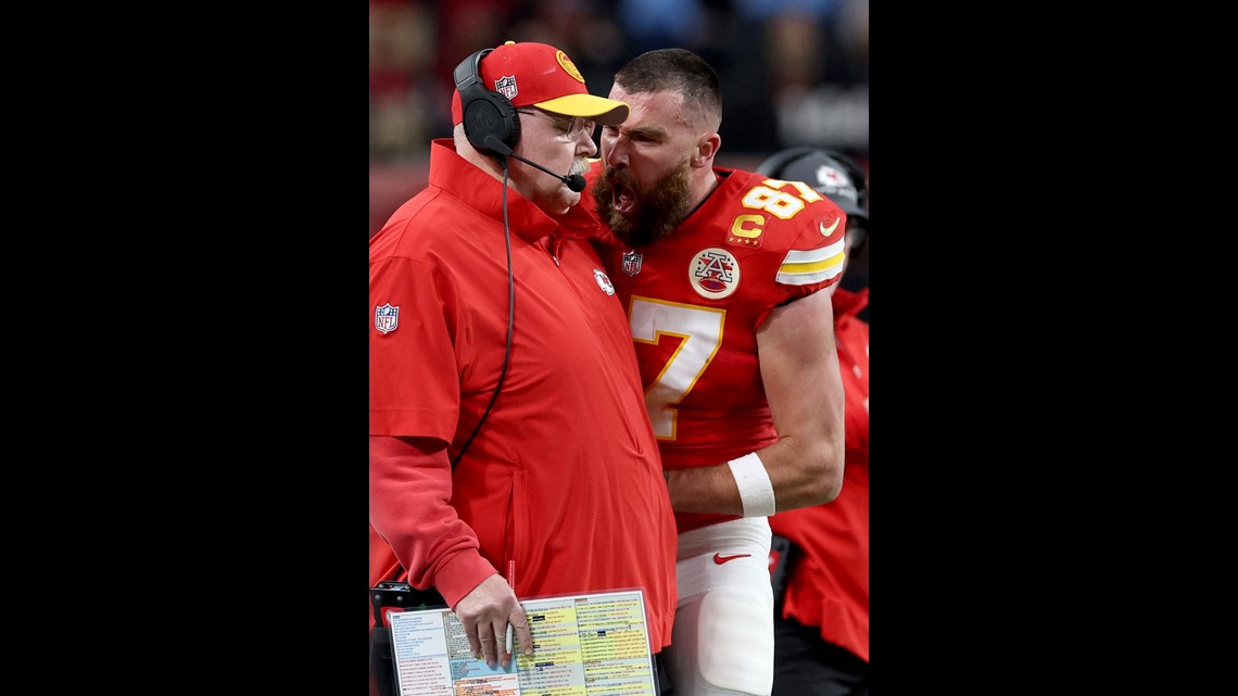 Travis Kelce Yells in Kansas City Chiefs Coach Andy Reid's Face on Super Bowl Sidelines | whas11.com