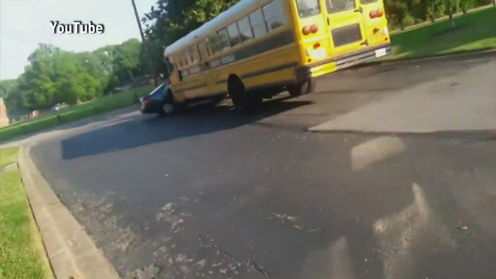 CAUGHT ON CAMERA: JCPS bus pushing car with family trapped inside ...