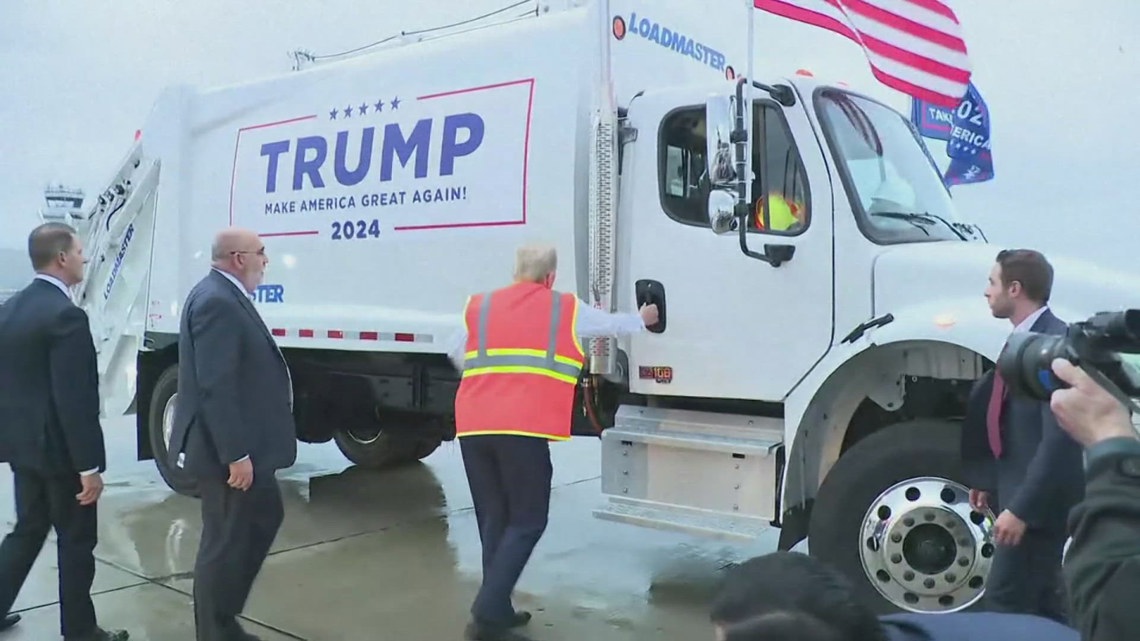 Donald Trump gets into branded garbage truck ahead of Wisconsin rally ...