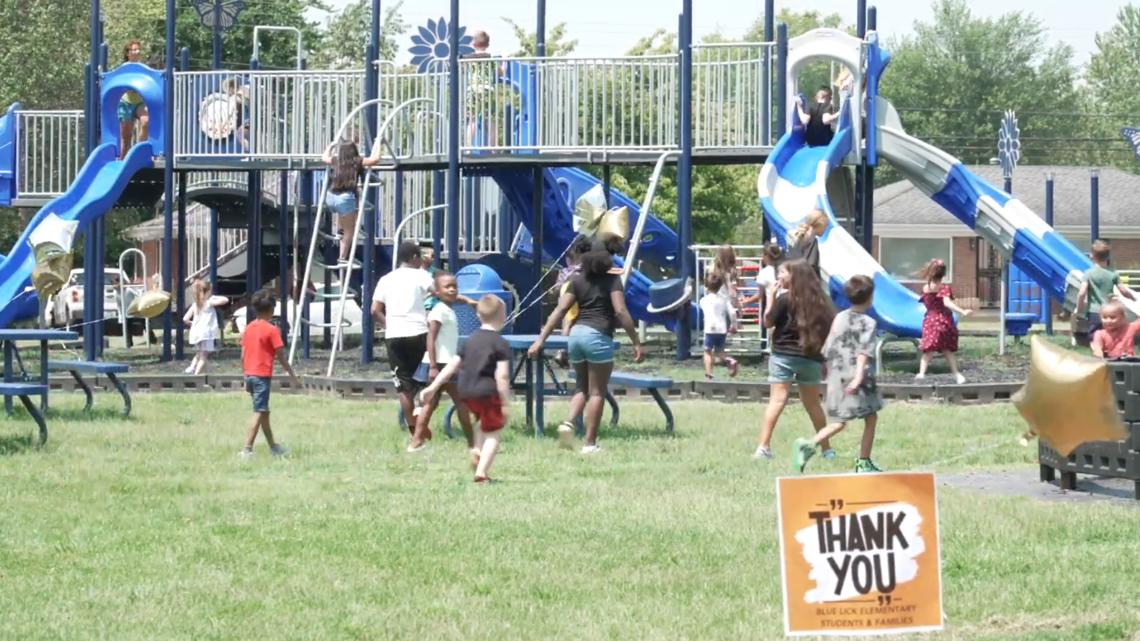 Blue Lick Elementary debuts new playground after vandalism two years ago | whas11.com