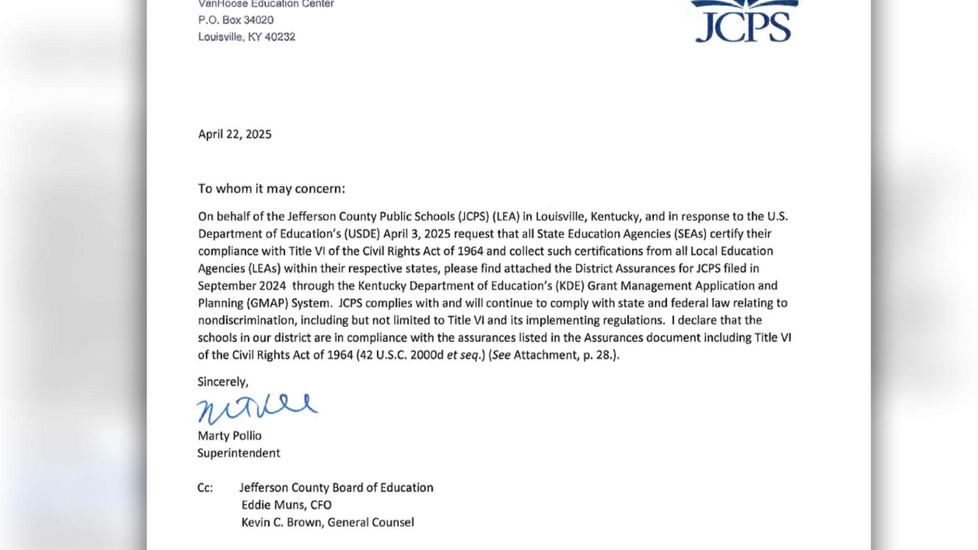 JCPS declines to sign anti-DEI letter from U.S. Department of Educati ...