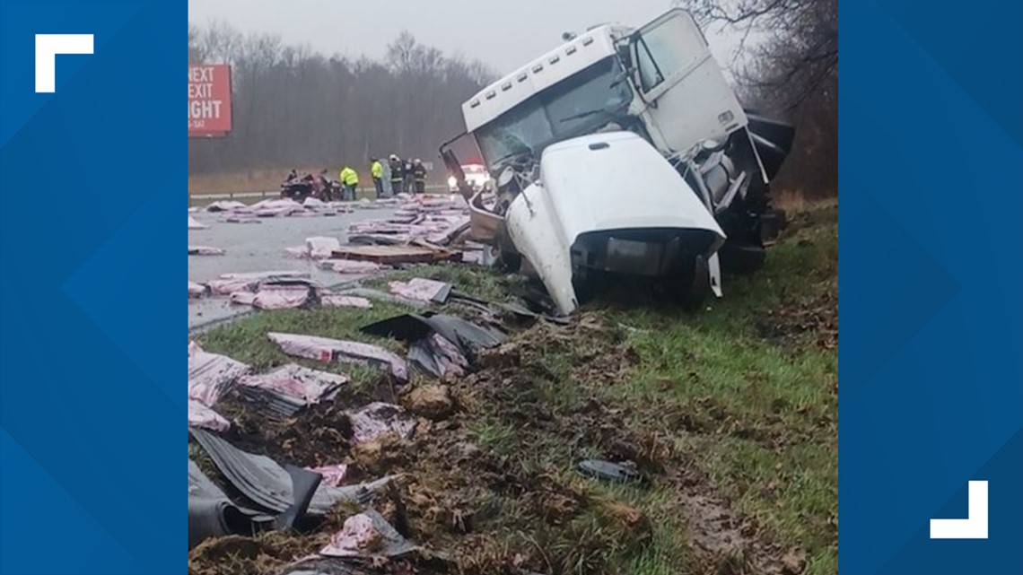 Overturned semi trailer blocked lanes of I-65 S in Indiana | whas11.com