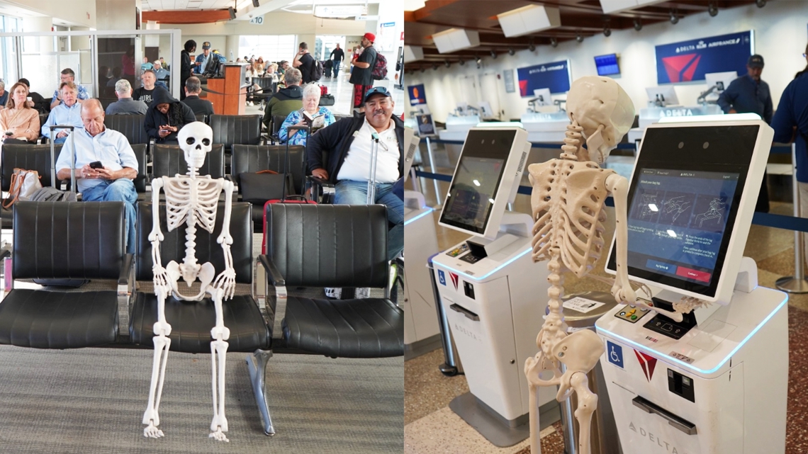 Skeleton decoration visiting Louisville Airport for Halloween | whas11.com