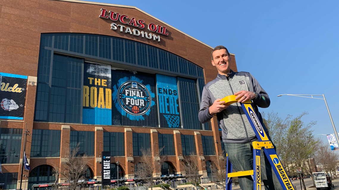 Specially designed ladder used to cut down the nets at NCAA basketball ...